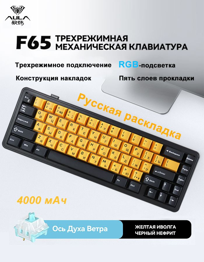 Клавиатура Механическая F65, приемник 2.4G/Bluetooth/TYPE-C;4000mAh_ob_WY0k_ob_sN7u, Русская ...
