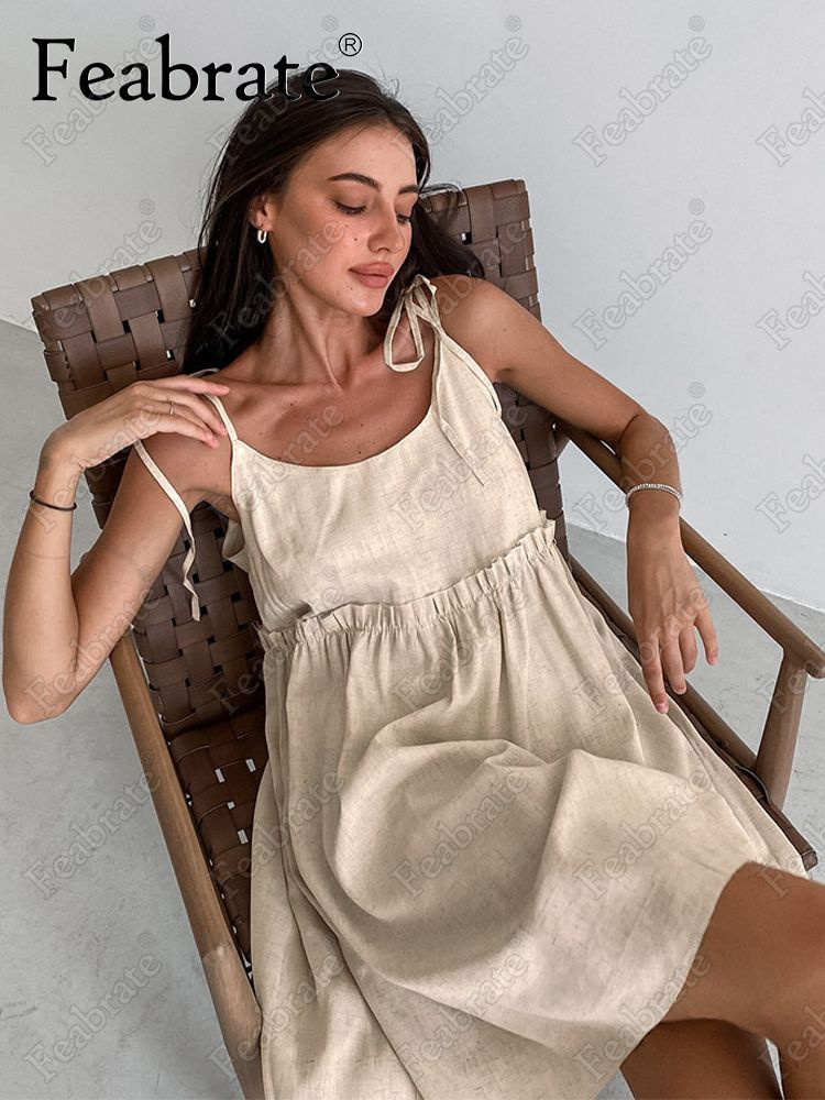 Сарафан Женский Feabrate бежевый глянец Повседневный Без рукавов Хлопок, Лен, размер 46 Без ...