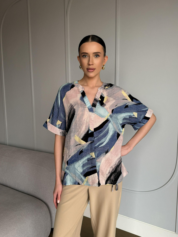 Блузка Женский HELLO MODA! серо-синий, черный Хлопок Короткий Абстракция, размер 60, 62 А-силуэт ...