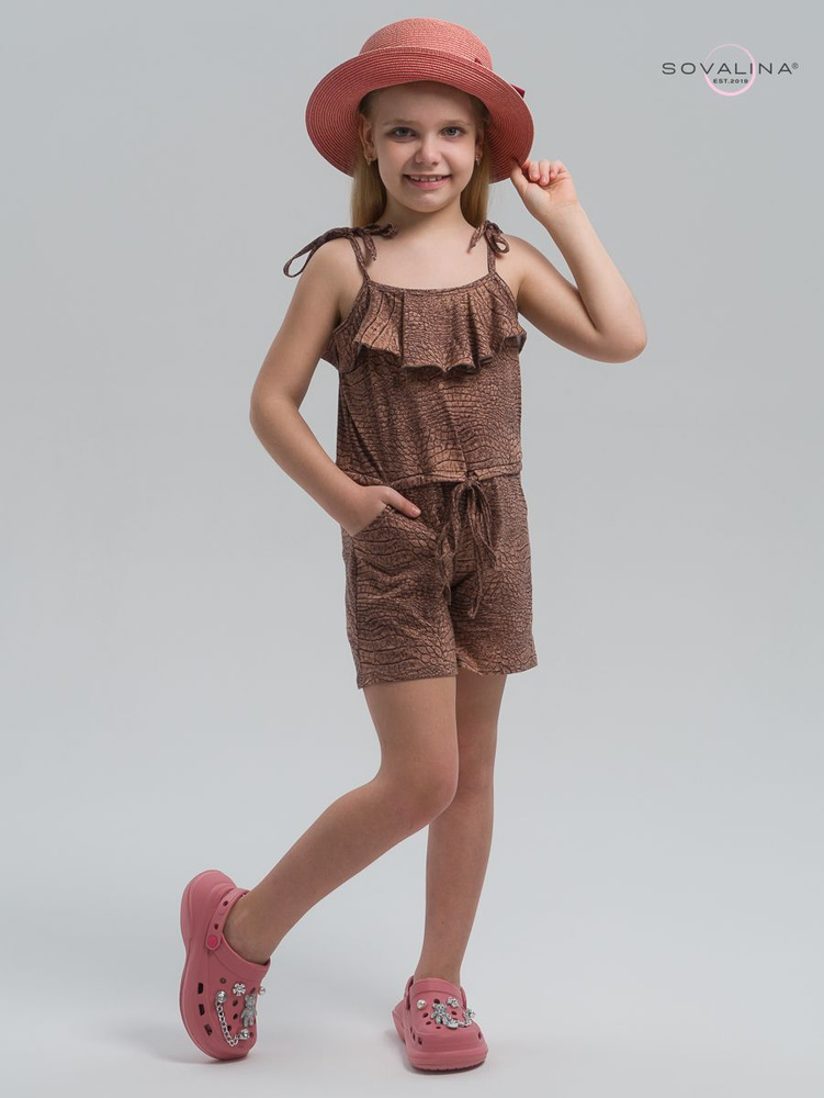 Комбинезон Девочки SOVAlina, размер 140 коричневый На любой сезон с открытыми плечами ...