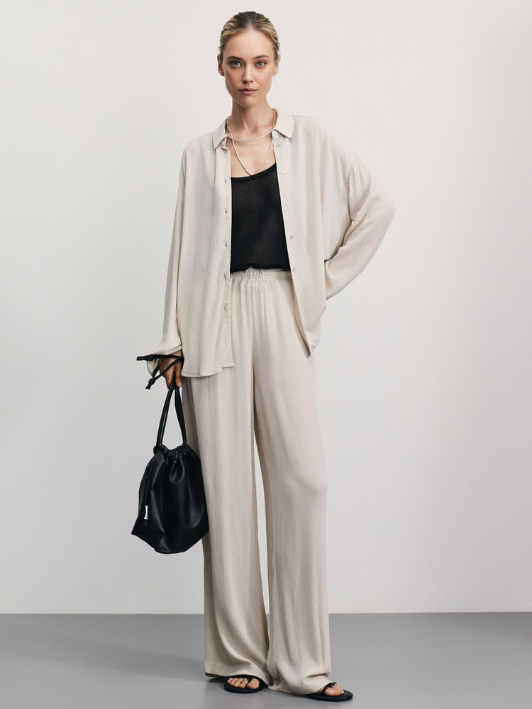 Брюки Женский Zarina широкие молочный Вискоза Повседневный, размер 46 Без застежки свободный ...