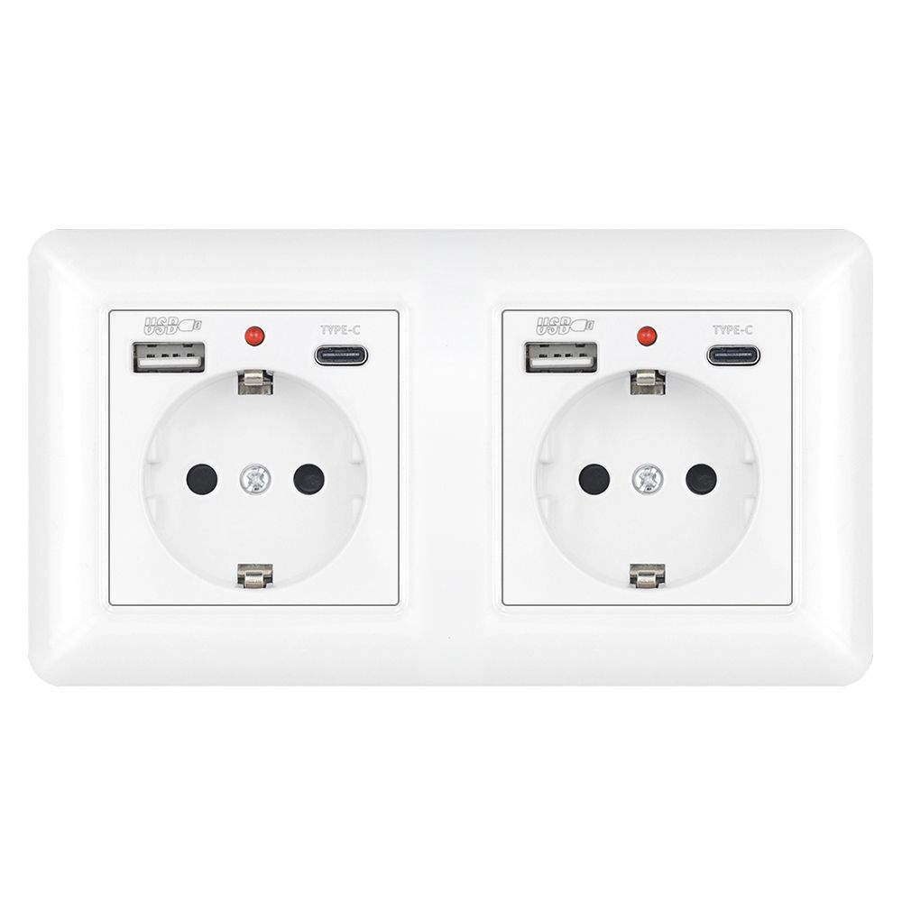 Встраиваемая розетка двойная с Usb Type A и Type C 220В с заземлением и защитой от короткого
