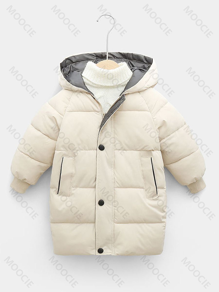 Пуховик Девочки, Мальчики MOOCIE бежевый лайт капюшон Лавсан, размер 140 Средний Зима Полиэстер ...