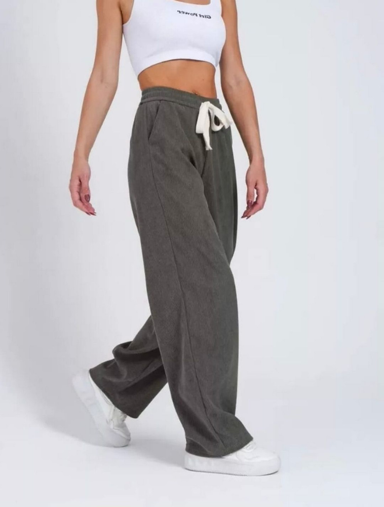 Брюки Женский Nina F палаццо хаки Вельвет, размер 44, 46 Резинка ...