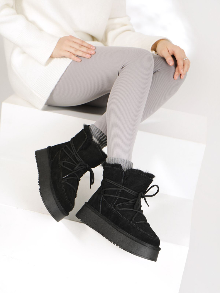 Угги Женский Covani черный сахара, черный сапфир Замша натуральная Зима Шнурки 7 Россия Шнуровка ...