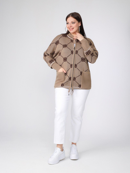 Жакет Женский BONADI медово-бежевый Трикотаж, размер 56 Длинный Молния Буквы и цифры Домашний ...
