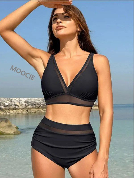 Купальник раздельный Женский MOOCIE черный матовый, размер 42 Плавание, SUP-серфинг Однотонный ...