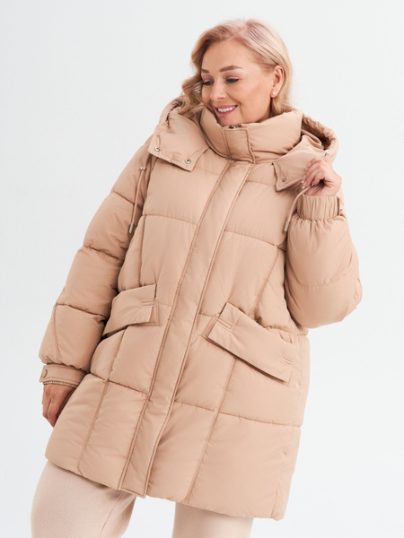 Пуховик Женский Elfina Карманы, Капюшон светло-бежевый Полиэстер, размер 52 Длинный Зима прямой ...