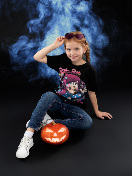 Футболка Девочки KyKy wear черный Короткий, размер 134, 140 Хлопок Черепа прямой Повседневный ...