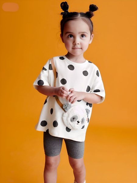 Комплект одежды Девочки с шортами серый, белый, размер 104, 98 Хлопок, Трикотаж Горох, рост 98 ...