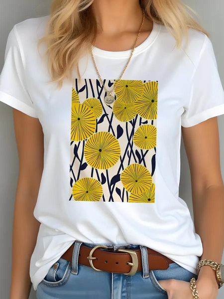 Футболка Женский CHAOPAI пшеничный, черно-серый Средний, размер 50 Хлопок Однотонный свободный ...