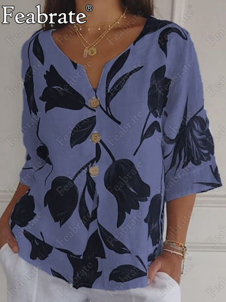 Блузка Женский Feabrate васильковый Полиэстер Три четверти Другое, размер 56, 58 свободный ...