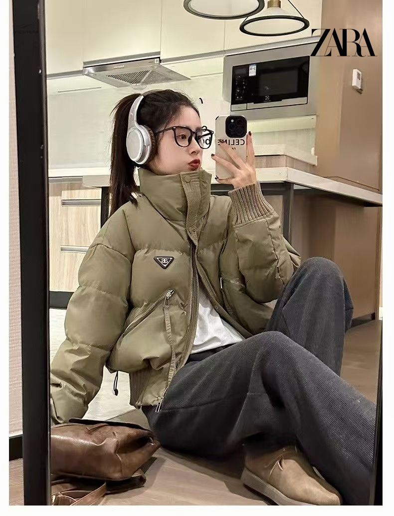 Пуховик Женский Zara зеленовато-серый, теплый бежевый с отворотом Натуральная кожа, размер 44 ...