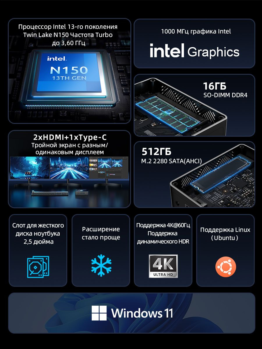 BMAX Мини-ПК B4 Turbo-16+512G (Intel N150, RAM 16 ГБ, SSD 512 ГБ, Intel ...