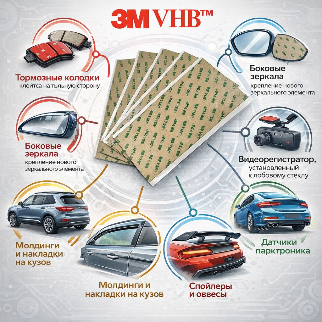 Скотч 3M VHB двусторонний термостойкий для тормозных колодок антискрип ...