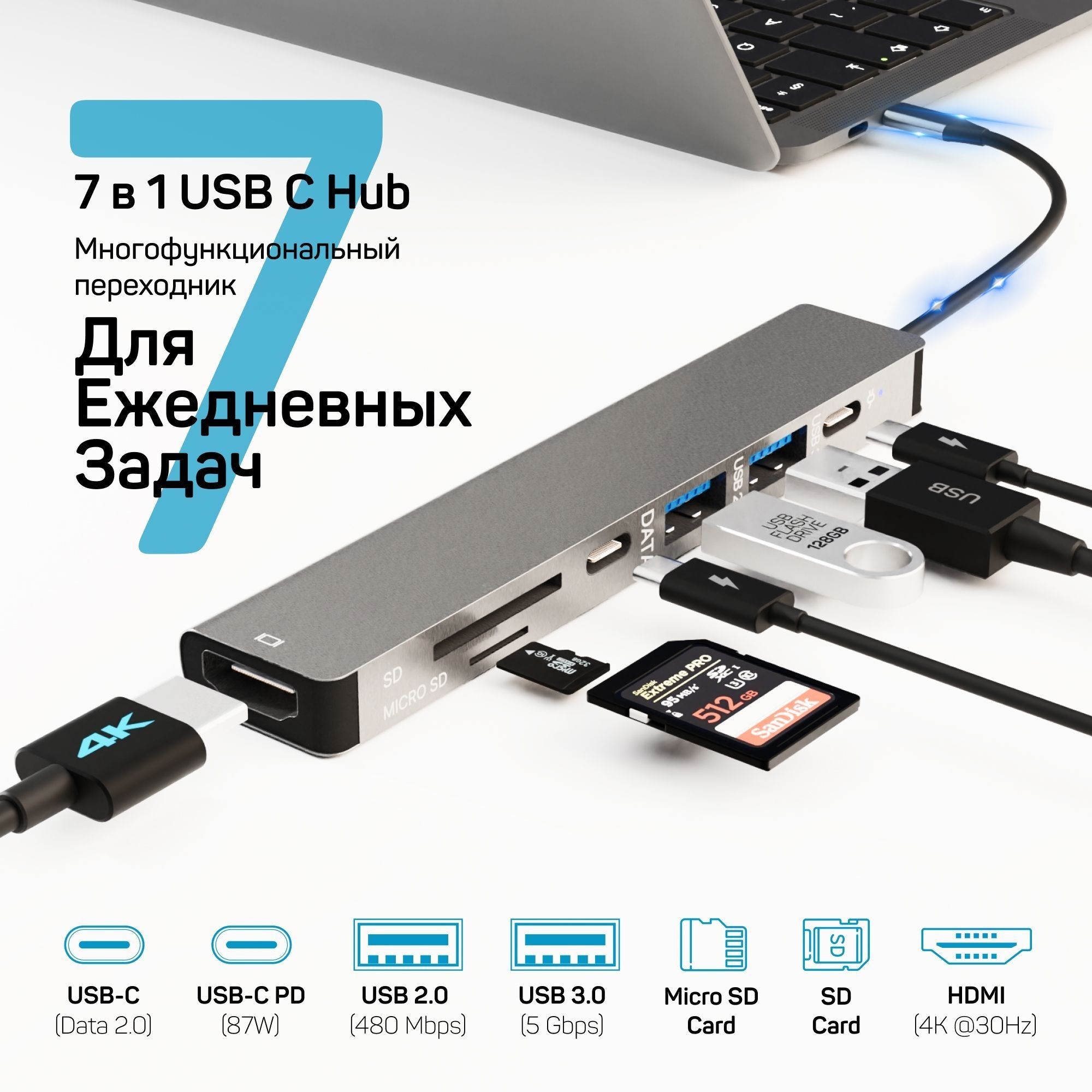 Переходник USB HUB 7в1. USB разветвитель, type c hdmi, док станция type ...