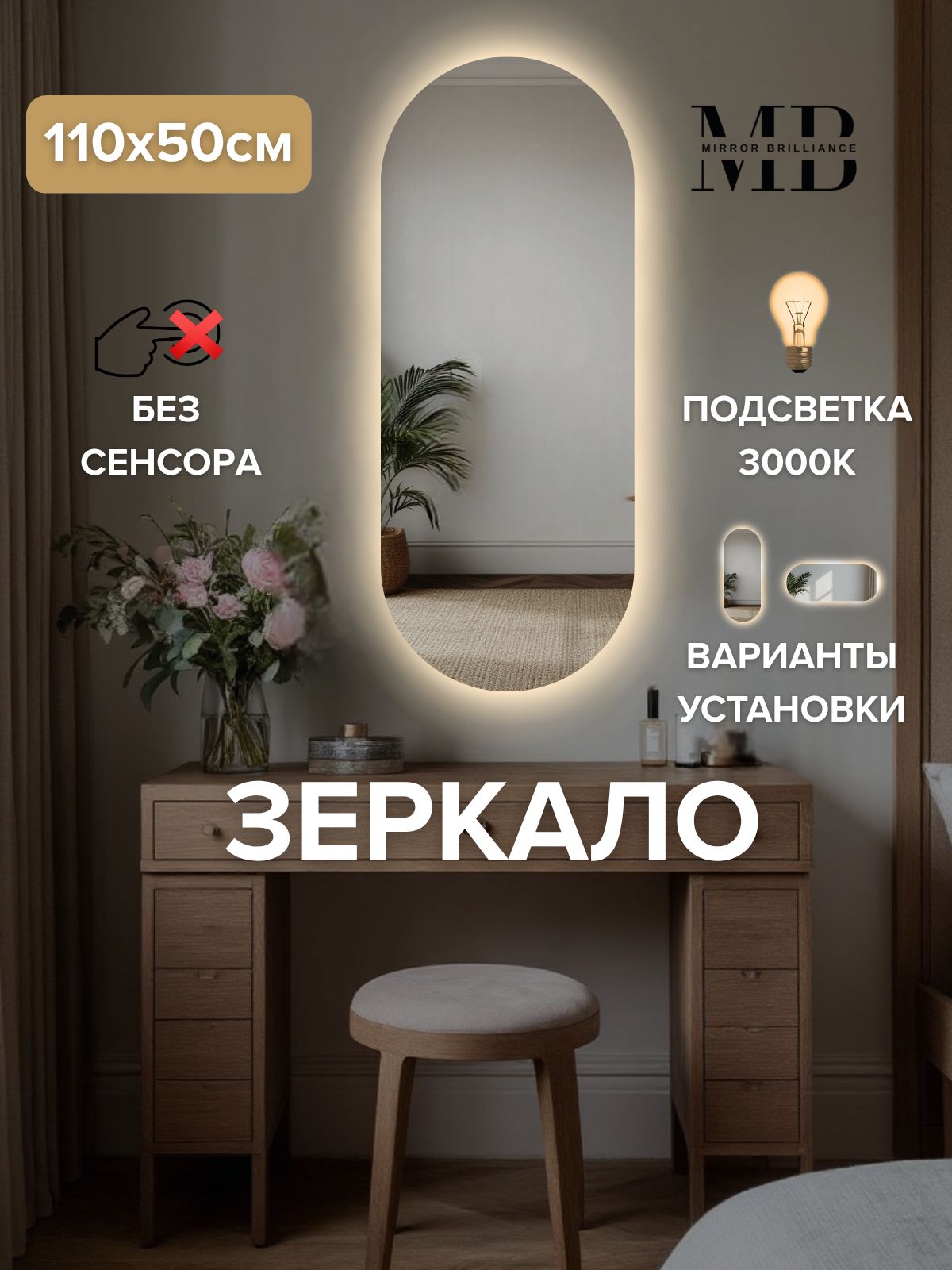 Mirror room Зеркало настенное "зеркала с подсветкой капсула", 50 см х ...