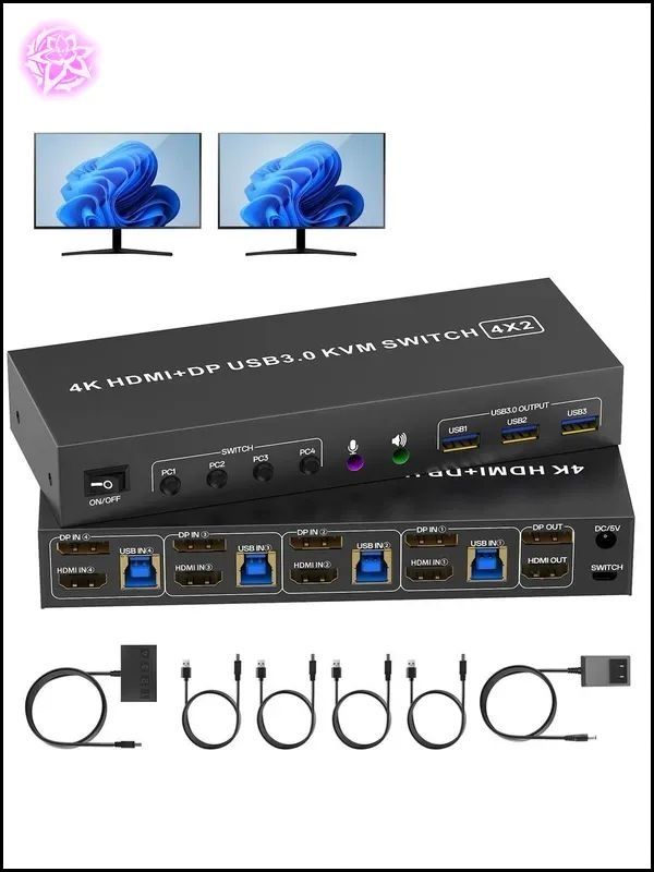 Переключатель KVM Switch (4PC, HDMI + DP 4K@60Hz, 3xUSB 3.0, remote ...