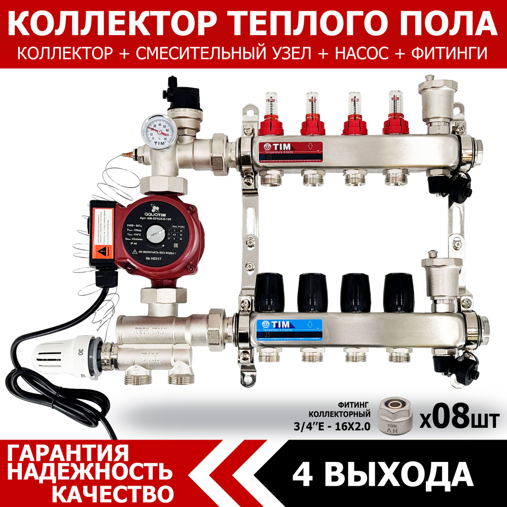 Коллектор для теплого пола на 4 контура с расходомерами ...