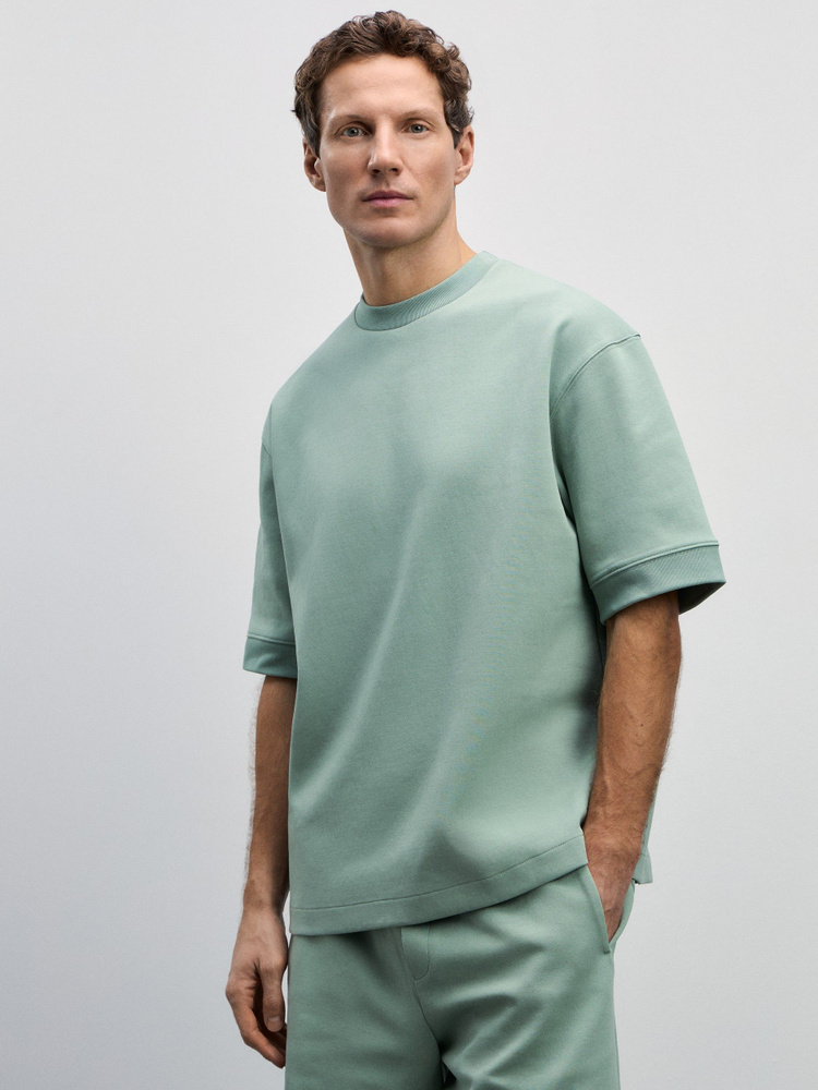 Футболка Мужской Zarina полынь Короткий, размер 54 Хлопок Однотонный оверсайз Повседневный ...