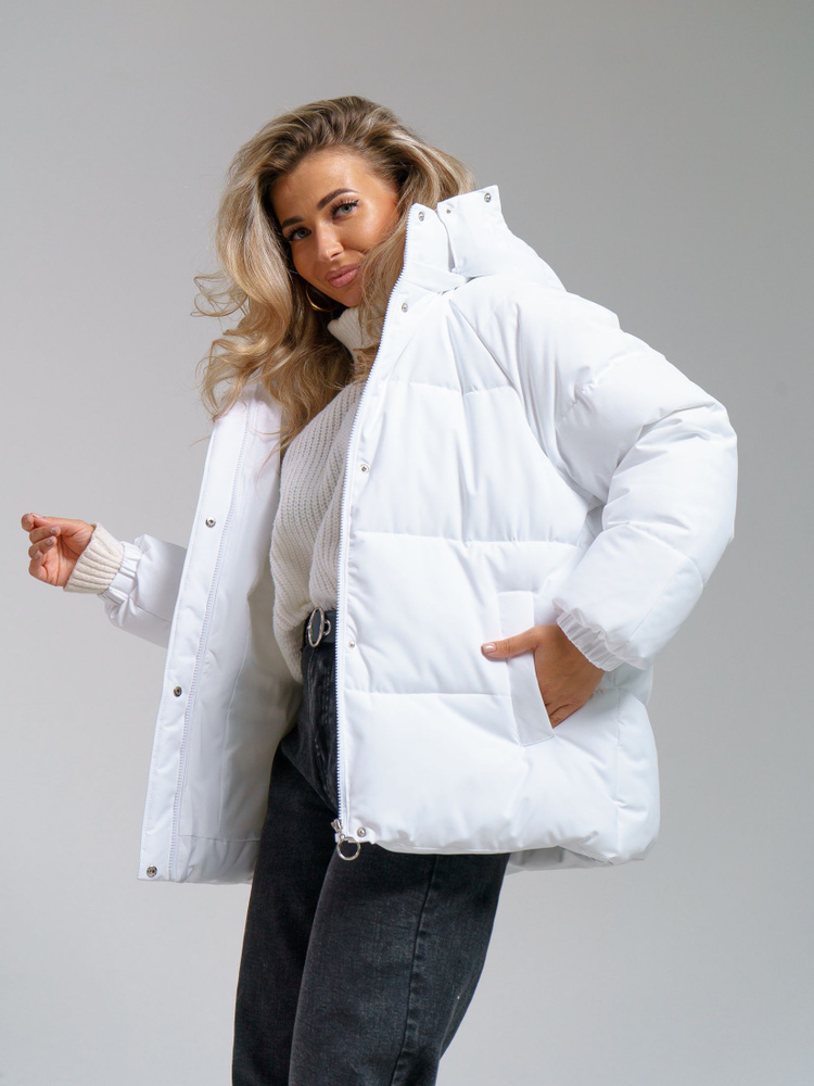 Куртка Женский sofo Карманы белый капюшон Полиэстер, размер 40, 42 Длинный Зима свободный ...