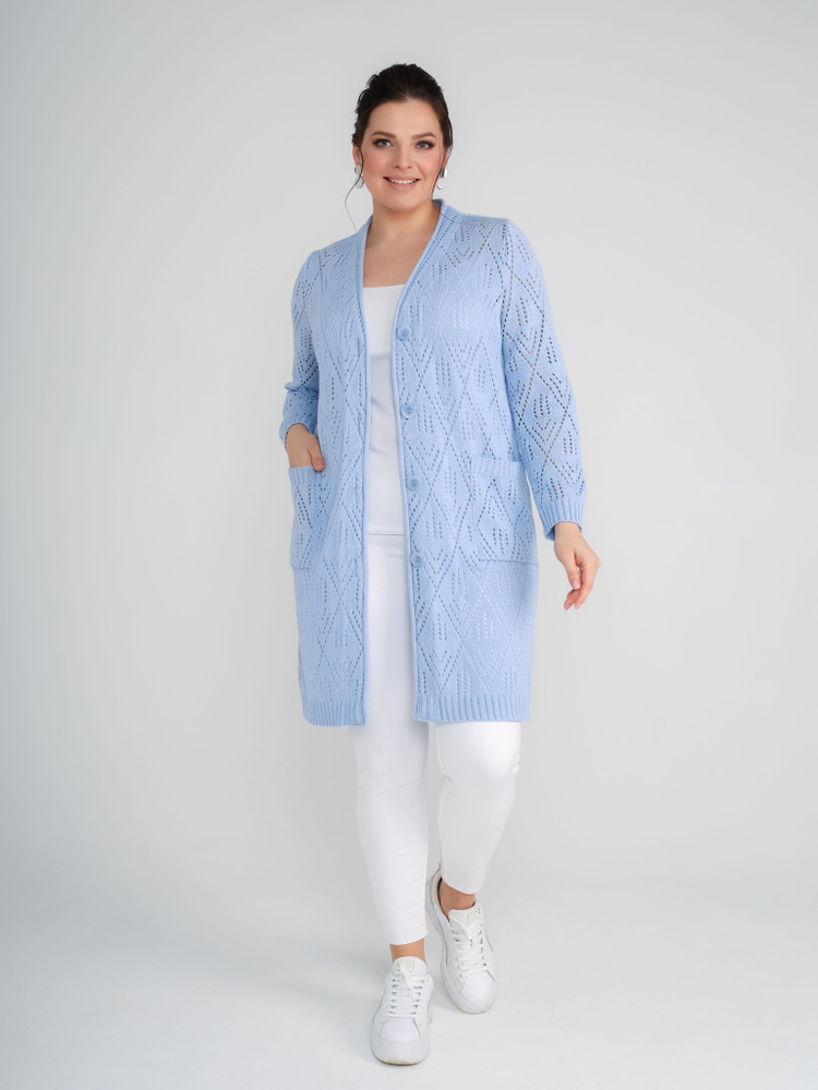 Кардиган Женский BONADI голубой Хлопок, Акрил, размер 52 Пуговицы полуприлегающий Длинный ...