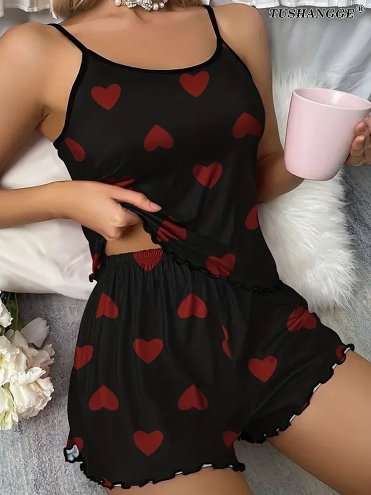 Пижама Женский TUSHANGGE с шортами Полиэфирное волокно, размер 56 Однотонный, Сердца черный Без ...