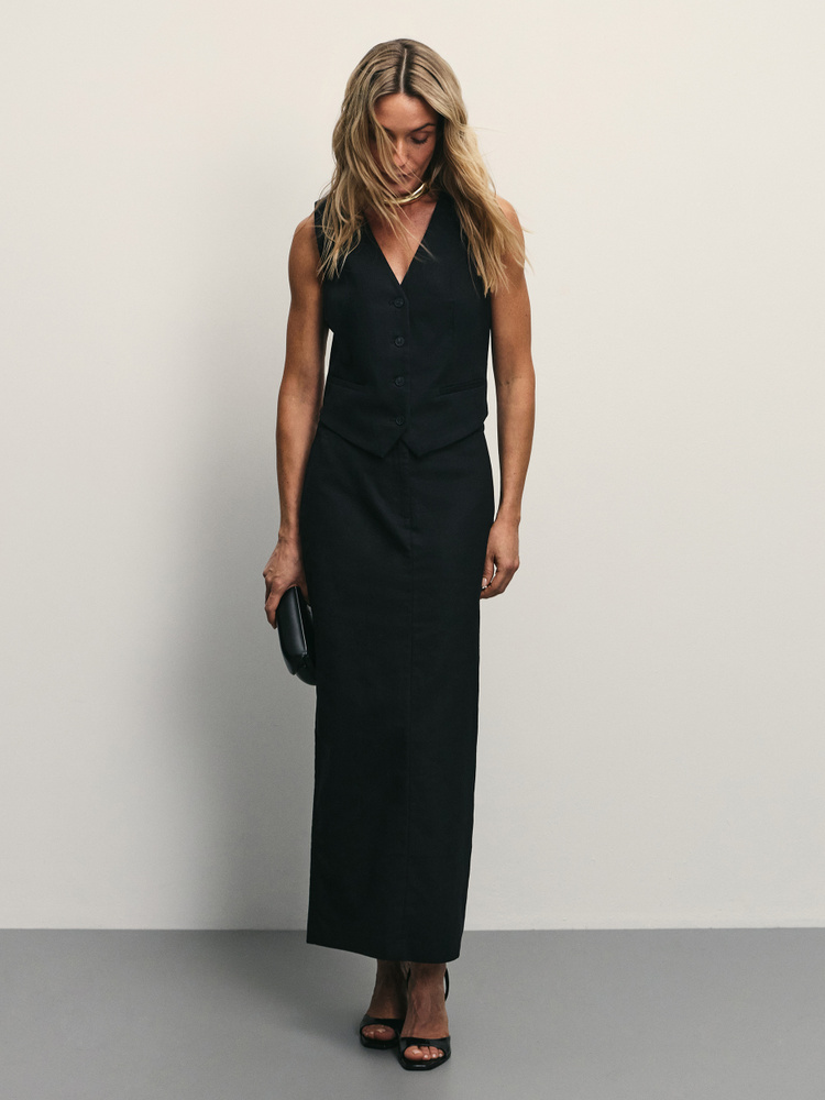 Юбка Женский Zarina черный Лен, Хлопок прямая, размер 44 Молния Макси Однотонный Демисезон ...