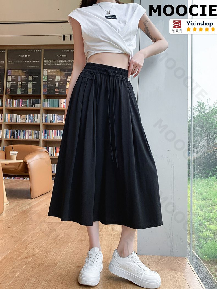 Юбка-шорты Женский MOOCIE черный в складку, размер 46 Другое, Эластичная Рюши, Разрезы ...