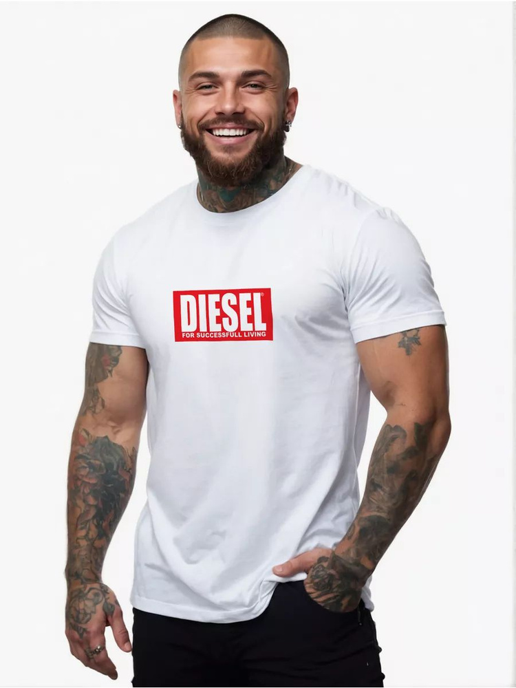 Футболка Мужской Diesel белый, красный Средний, размер 60 Хлопок Логотип, Надписи прямой ...