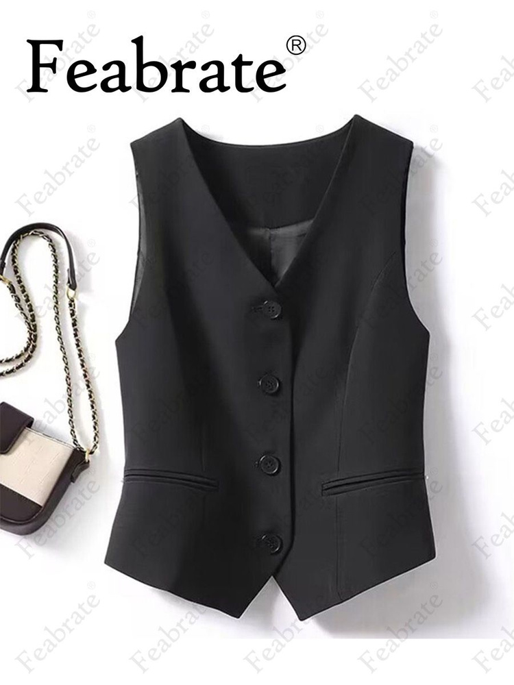 Жилет Женский Feabrate черный, размер 50 Декоративные пуговицы Пуговицы Однотонный Повседневный ...