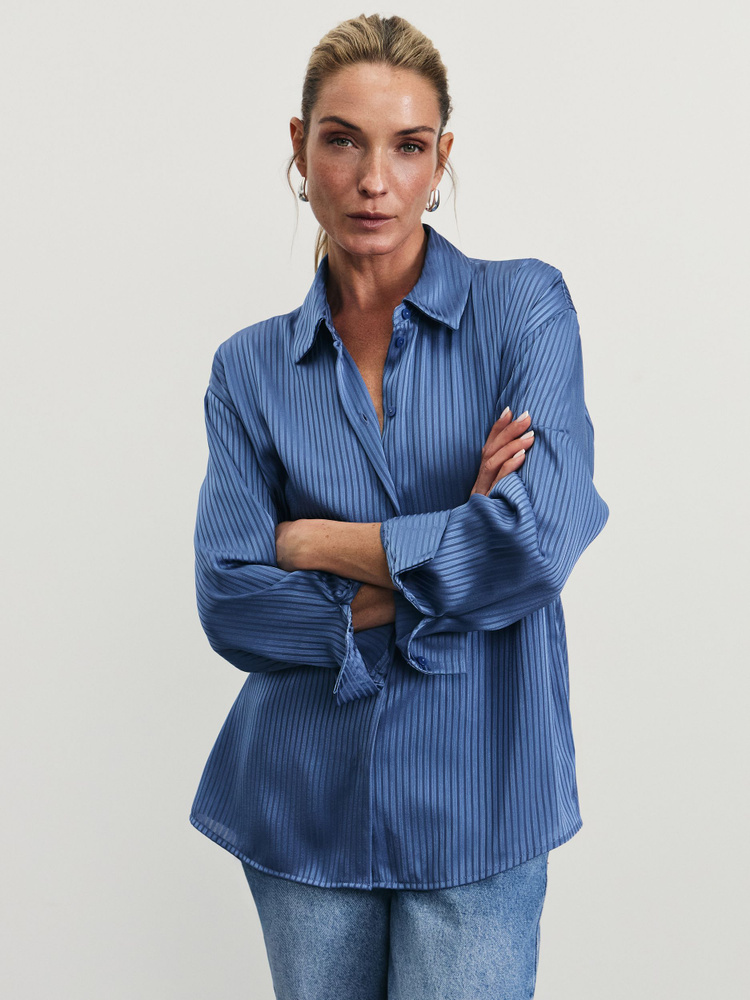 Рубашка Женский Zarina синий Длинный Полиэстер Полоска, размер 48 оверсайз Пуговицы Вьетнам ...