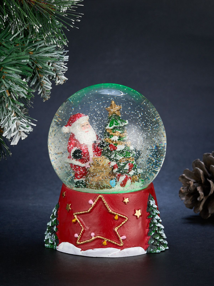 Снежный шар со снегом стеклянный, с подсветкой "Дед мороз у елки ...
