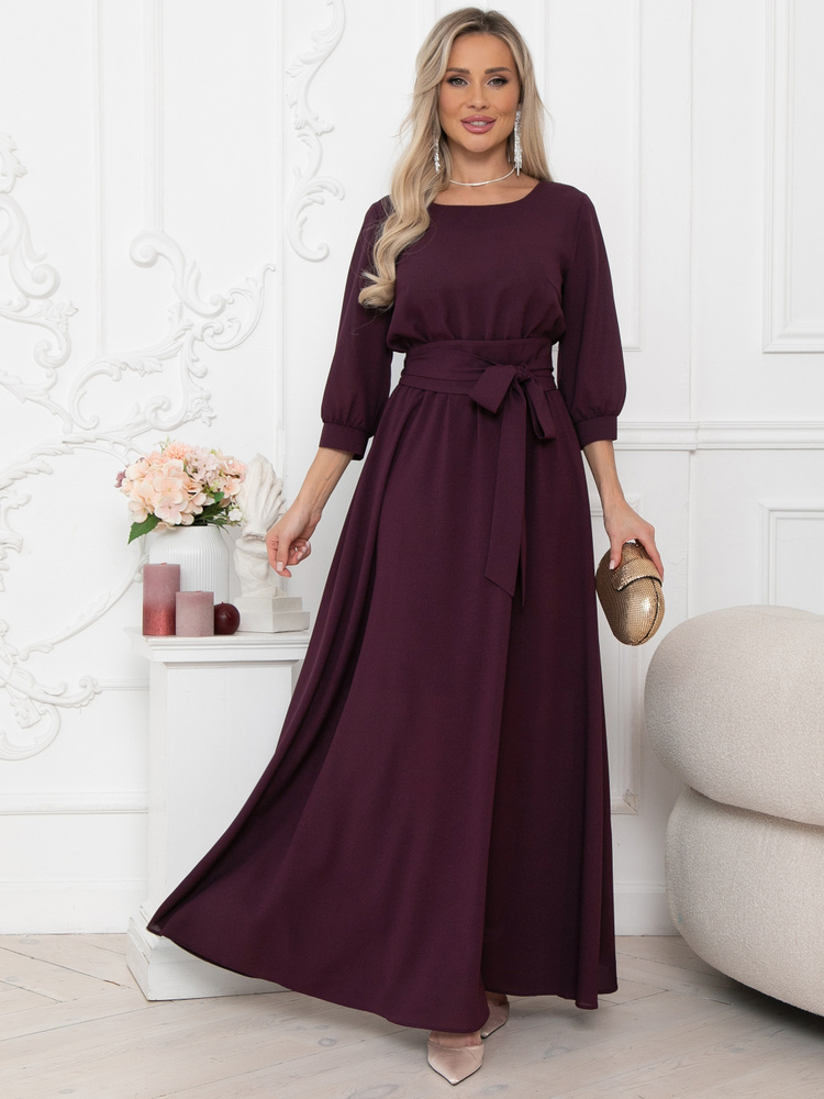 Платье Женский BELLMELODY темно-бордовый Вечерний/праздничный Три четверти Текстиль Пояс/ремень ...