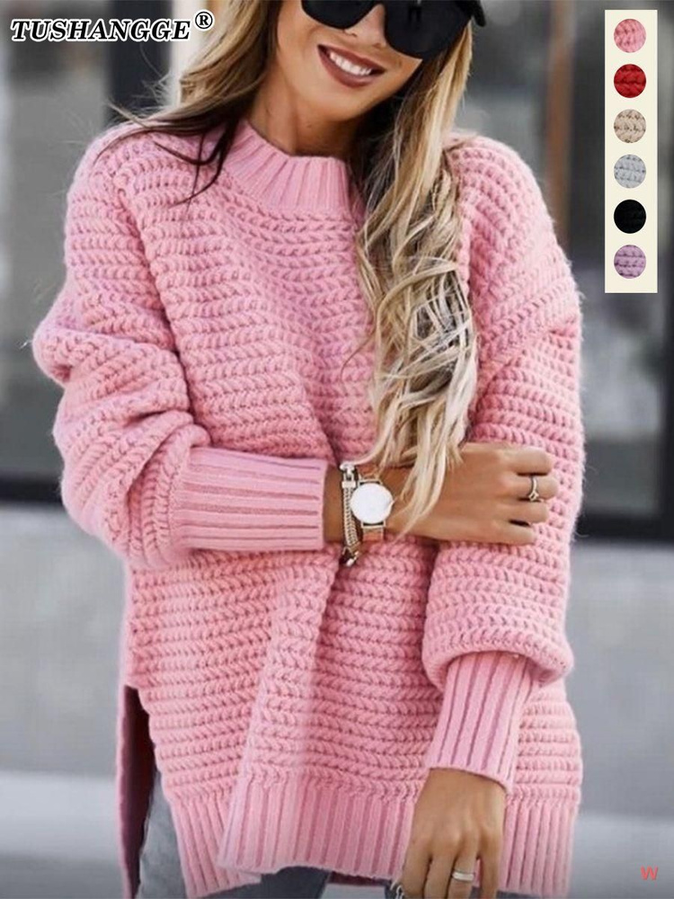 Свитер Женский TUSHANGGE розовый Полиэстер, размер 54 Без застежки, Зиплок Манжеты, Воротник ...