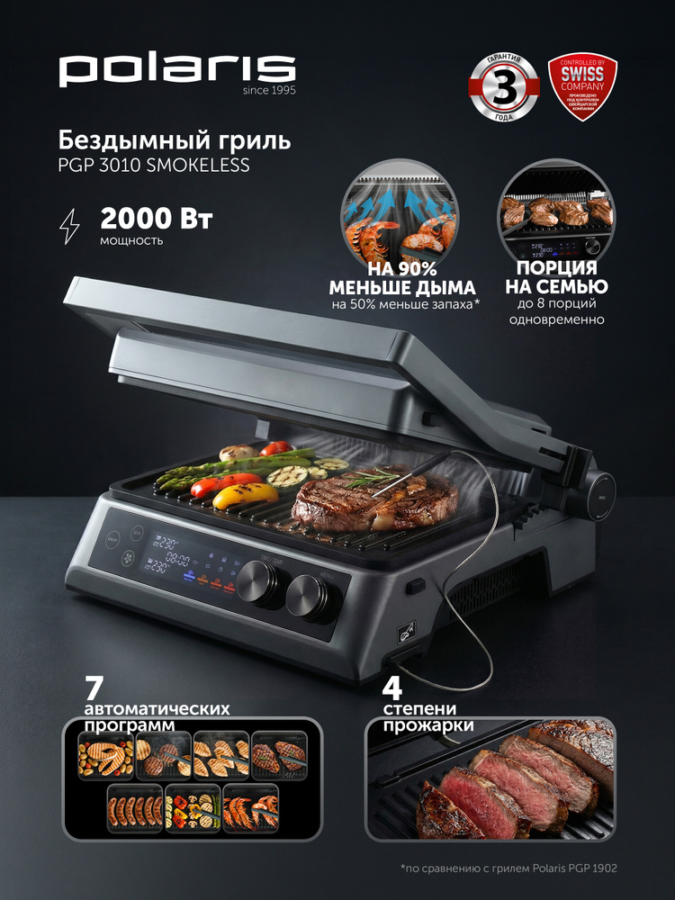 Polaris Гриль электрический со съемными панелями PGP 3010 SMOKELESS ...
