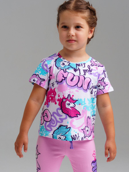 Футболка Девочки PlayToday белый, розовый Короткий, размер 104 Трикотаж Животные Повседневный ...