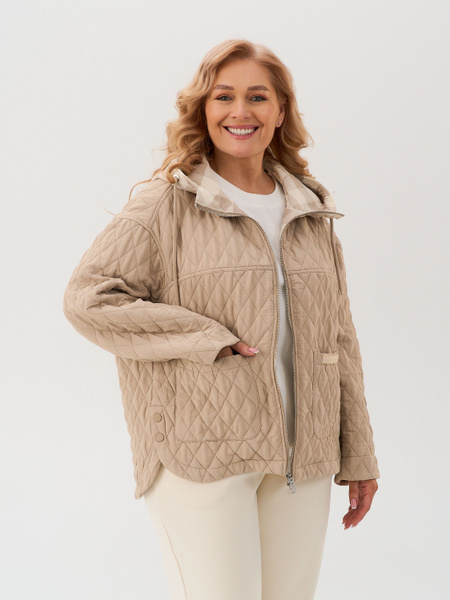 Куртка Женский Elfina Карманы бежевый капюшон Полиэстер, размер 54 Длинный Лето прямой Синтепон ...