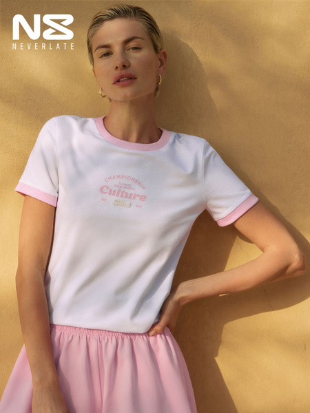 Футболка Женский NEVERLATE бело-розовый, белый Короткий, размер 48 Трикотаж, Хлопок Буквы и ...