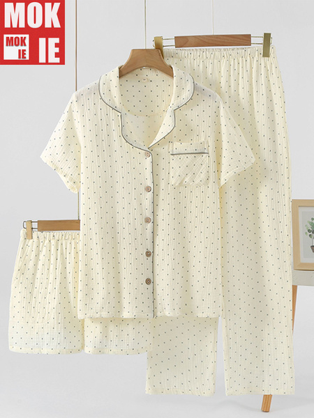 Пижама Женский Mokie с брюками Хлопок, Муслин, размер 44, 42 Сердца средне-серый, бежевый ...