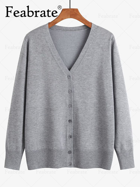 Кардиган Женский Feabrate бело-серый Хлопок, Нейлон, размер 46, 48 Пуговицы Длинный Однотонный ...