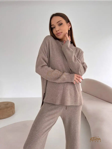 Костюм классический Женский KERNA Повседневный брючный коричневый, размер 48, 50 Искусственный ...