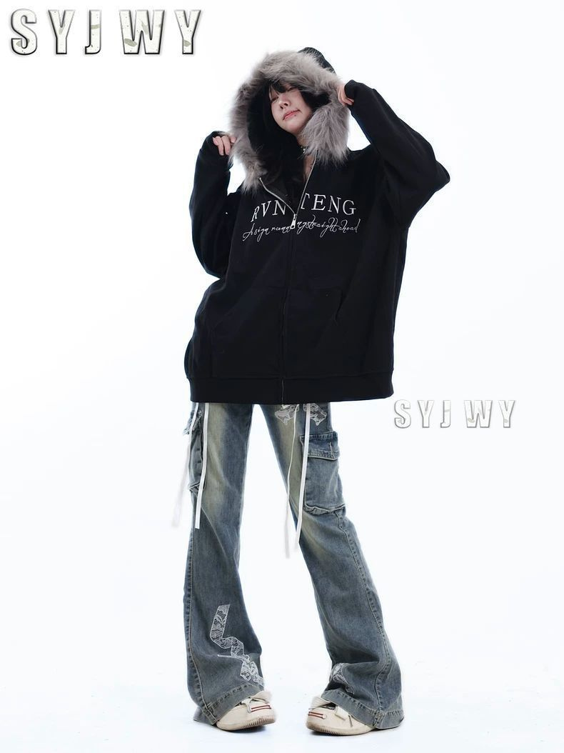 Толстовка Женский SYJWY Значки черный Молния Полиэстер FR, размер 44 свободный Длинный Логотип ...