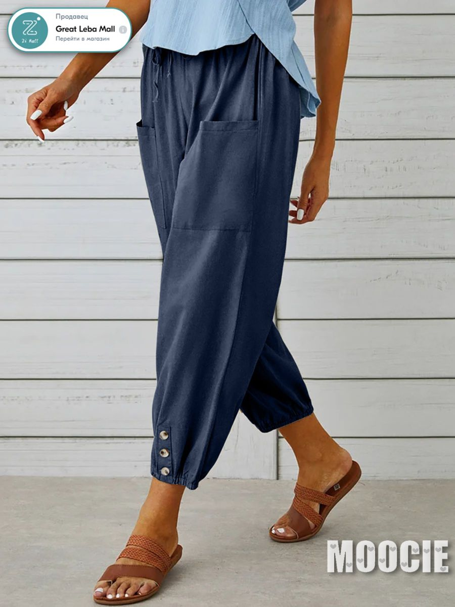 Бриджи Женский MOOCIE синяя волна Лен Повседневный, размер 56 Эластичная Лето Китай Высокая ...