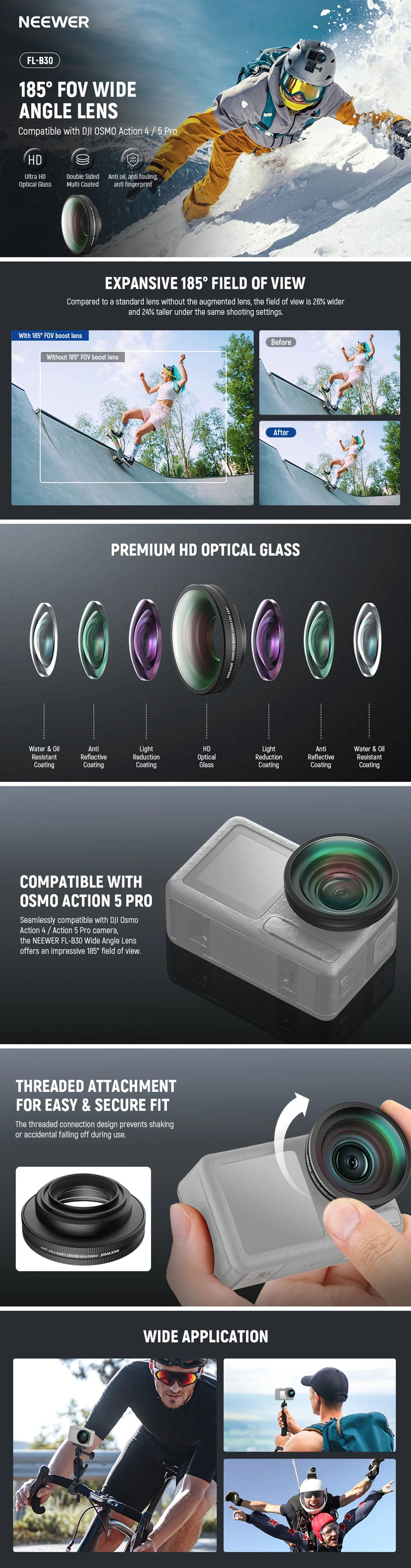 NEEWER FL-B30 FOV Boost Lens 185 широкоугольный для DJI OSMO Action 4/5 ...