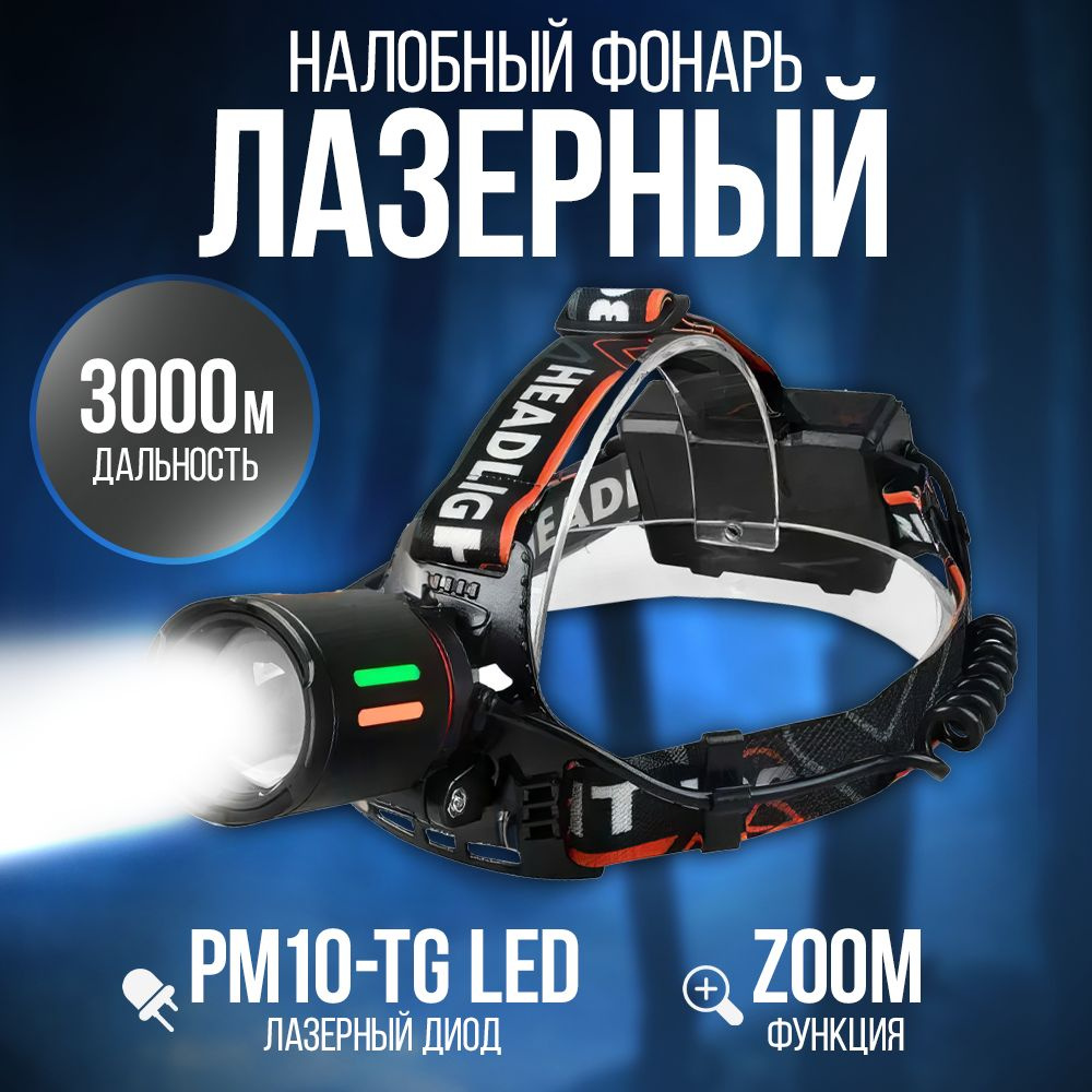 Фонарь налобный аккумуляторный, светодиодный, с зумом, с 3 съемными ...