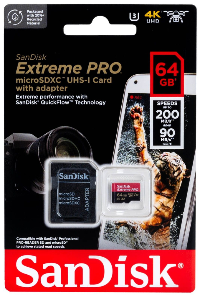 Карта памяти SanDisk Extreme PRO microSDXC 64 ГБ Class 10 UHS-I V30 A2, 200/90 Мб/с + SD адаптер ...