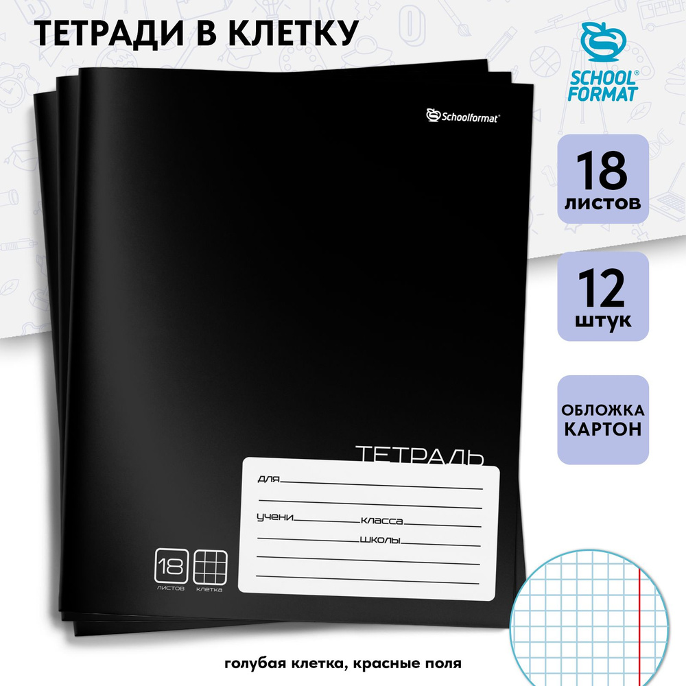 Тетрадь в клетку 18 листов, набор 12 штук, А5+, Schoolformat купить на ...