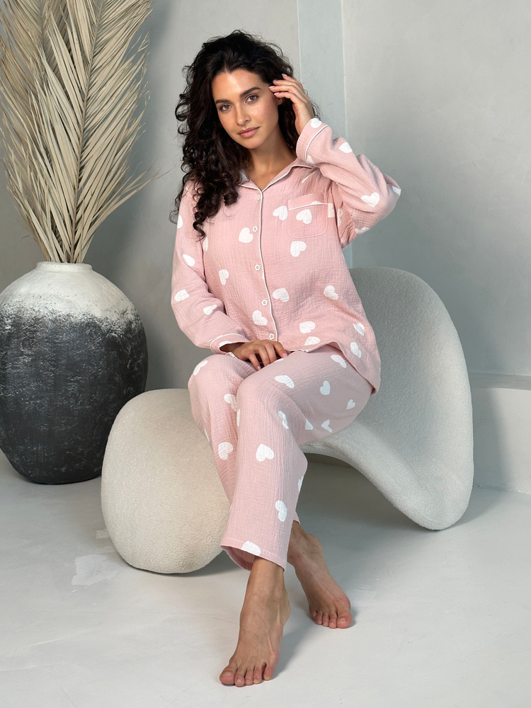 Пижама Женский KRASIVA KAK ANGEL с брюками, с рубашкой Муслин, Хлопок ...