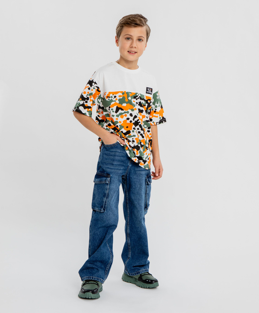 Джинсы Мальчики Button Blue синий карго Деним, размер 140 прямой Пуговицы Средняя, рост 140 ...